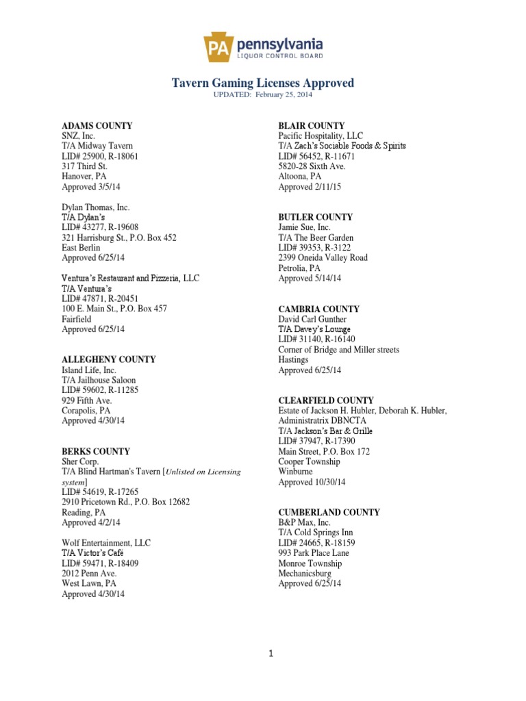 Approved Tavern Gaming Licenses 2014 | PDF | Pennsylvania | Tavern