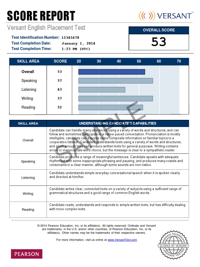 Sample SCORE REPORT Versant English Placement Test Watermark | PDF ...
