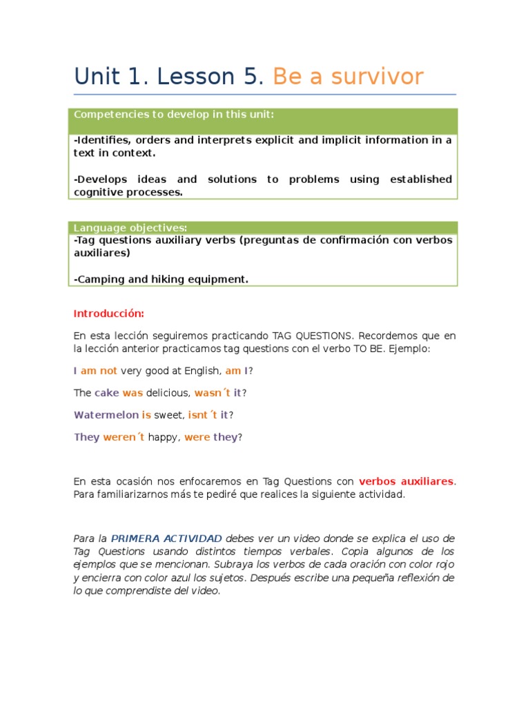 Unit 1. Lesson 5. Be A Survivor | PDF