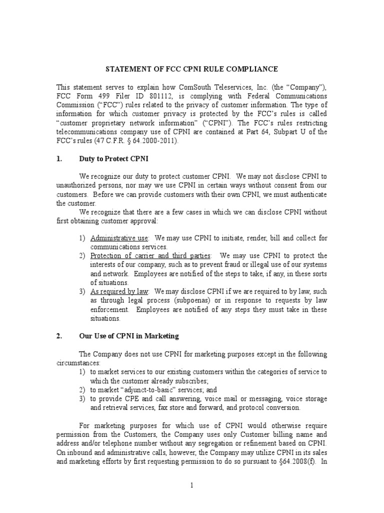 2015 CPNI Statement of Compliance ComSouth Teleservices Inc | PDF ...