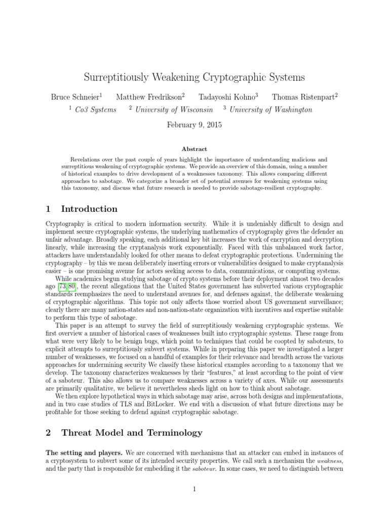 Surreptitiously Weakening Cryptographic Systems | Download Free PDF | Cryptanalysis | Cryptography