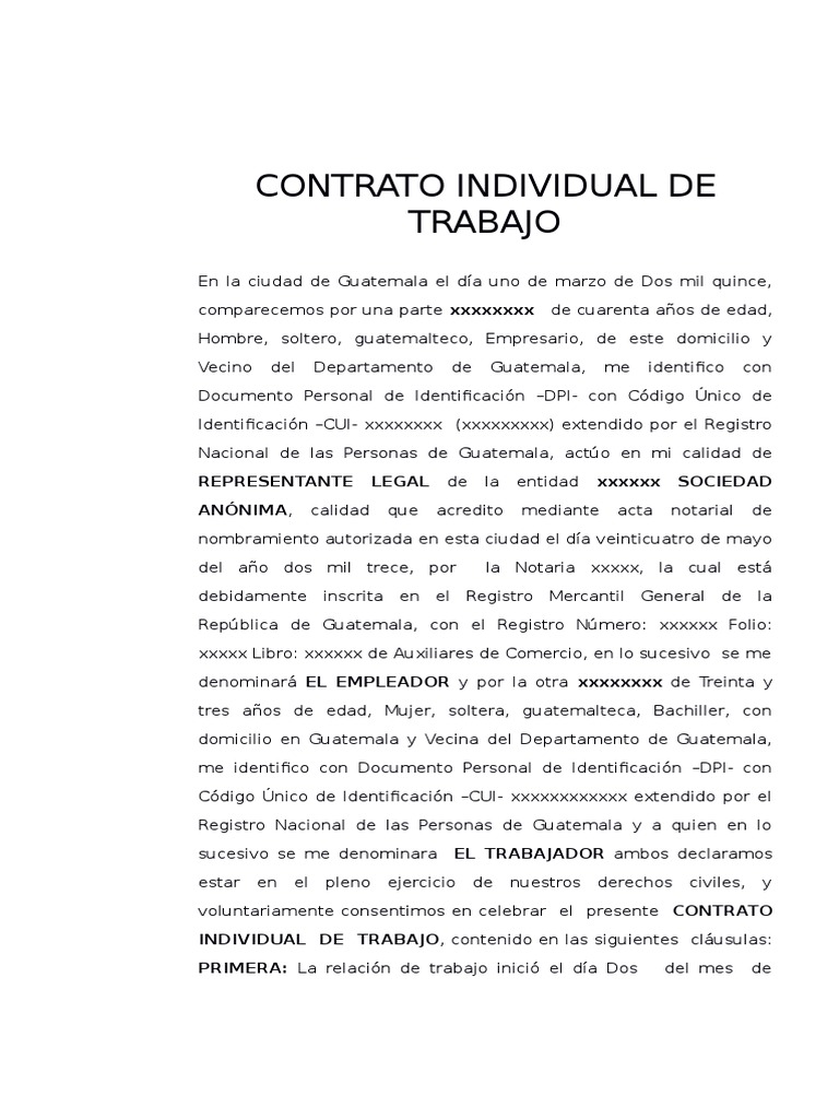 Modelo Contrato Individual de Trabajo | Guatemala | Política