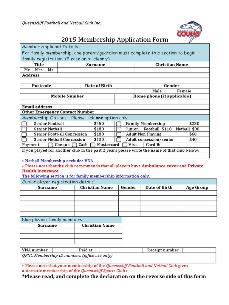 2015 Membership Application Form: Queenscliff Football and Netball Club ...