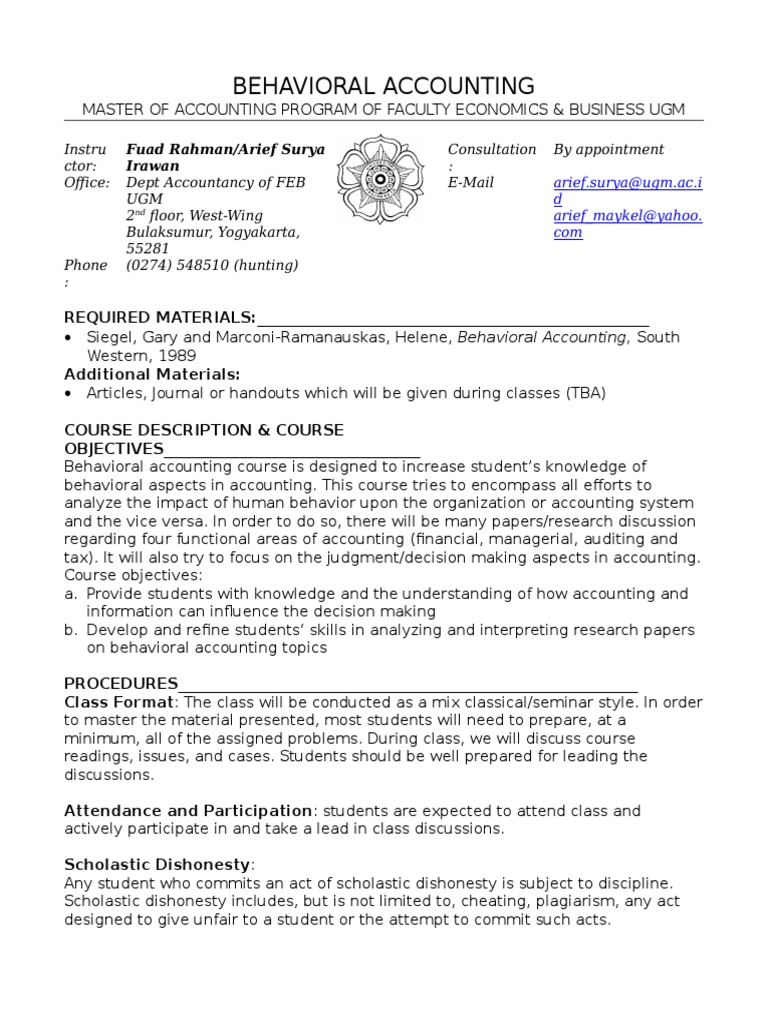 SESI 1 Behavioral Acctg Syllabus | PDF | Academic Dishonesty | Test ...