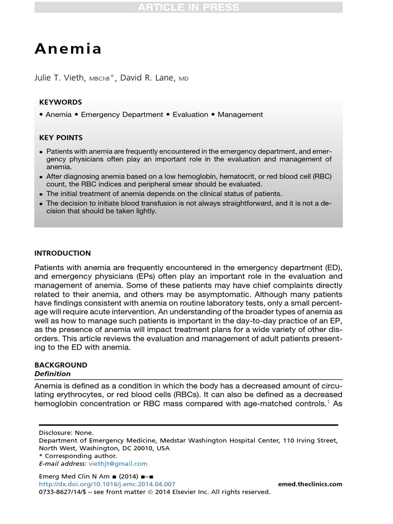 Anemia Management in Emergency Medicine | PDF | Anemia | Red Blood Cell