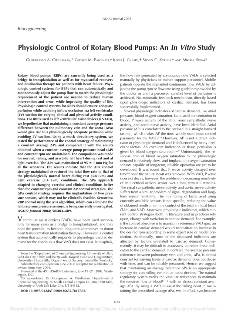 Physiologic Control of Rotary Blood Pumps An In.1 | PDF | Ventricle ...