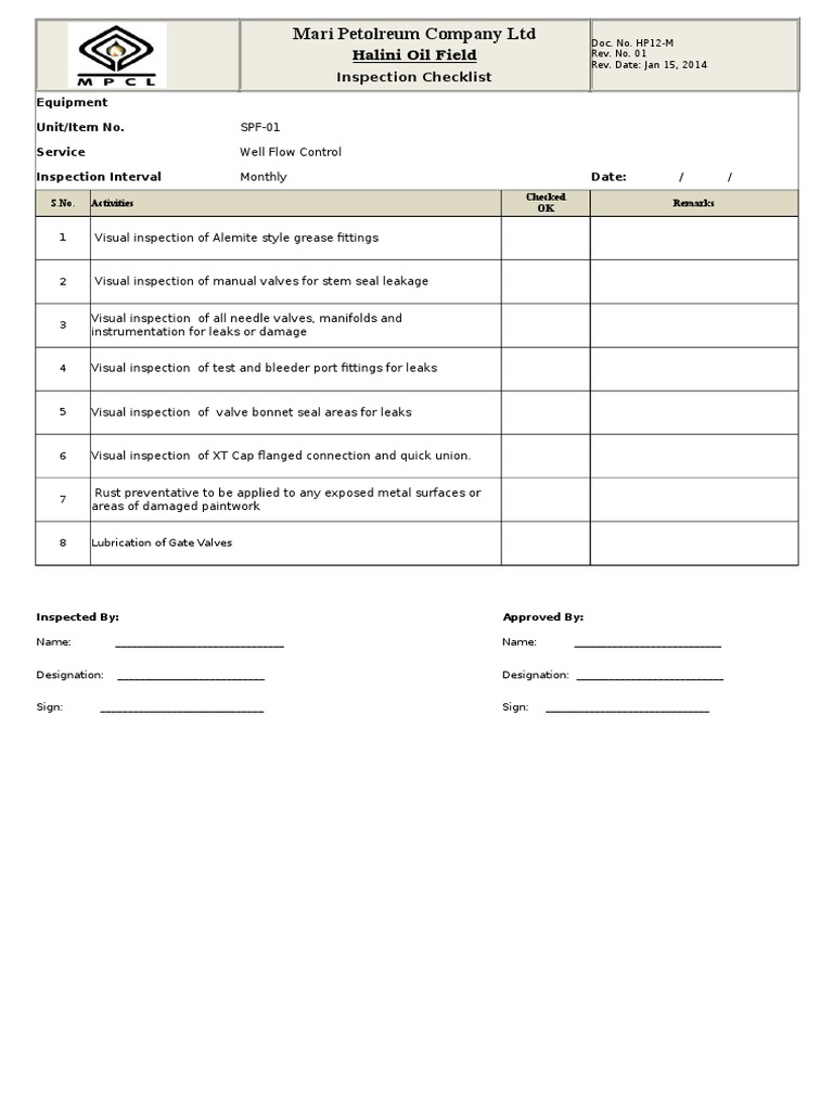 Wellhead Checklist | PDF