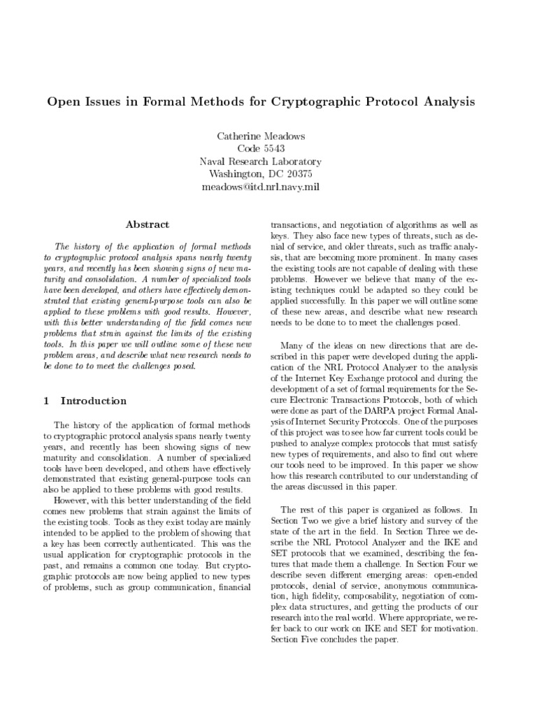 Open Issues in Formal Methods For Cryptographic Protocol Analysis | PDF ...