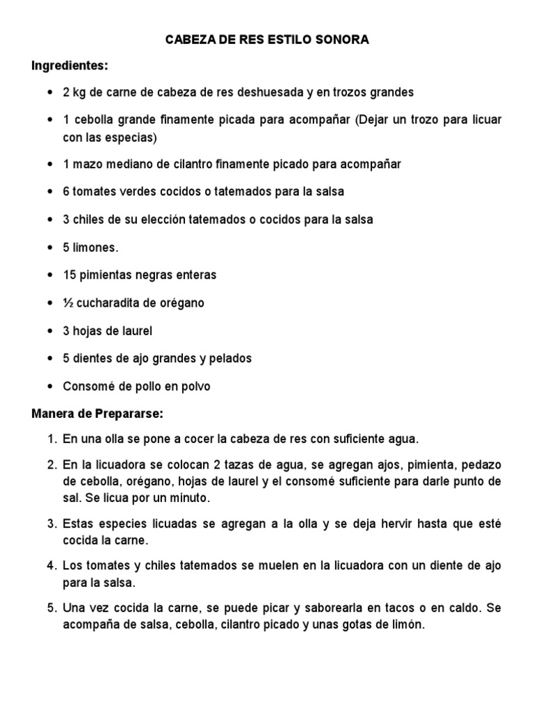 Receta de Cabeza de Res Estilo Sonora | PDF | Cilantro | Taco