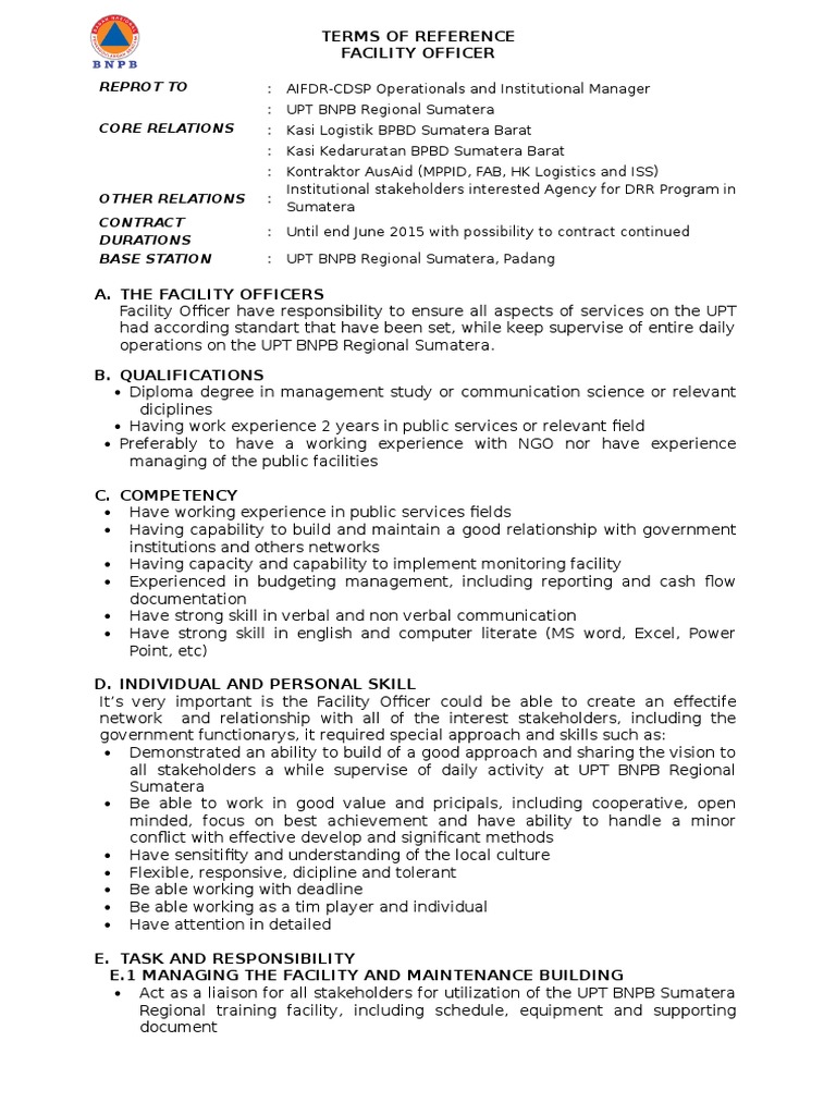 Facility Officer Terms of Reference | PDF | Business