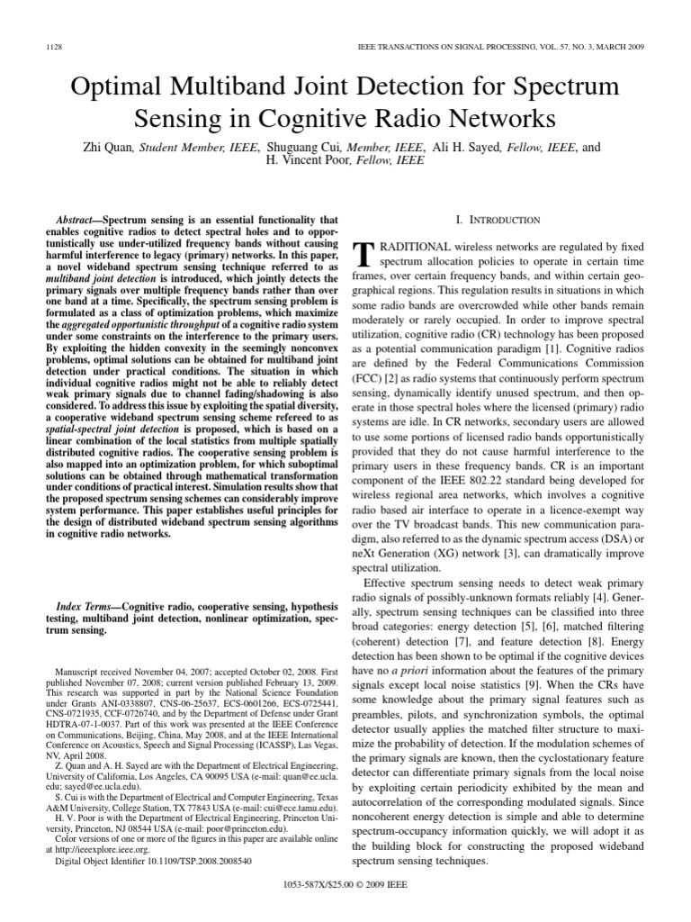 Optimal Multiband Joint Detection For Spectrum Sensing in Cognitive Radio Networks | PDF ...