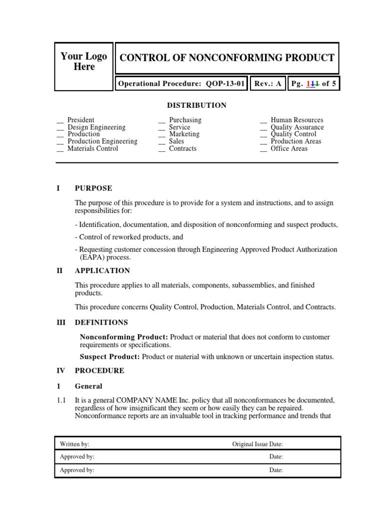Procedure For Control of Non-Conforming Products | PDF | Quality ...