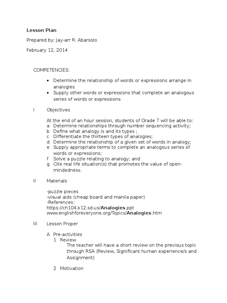 LP Word Analogy2 | Analogy | Lesson Plan