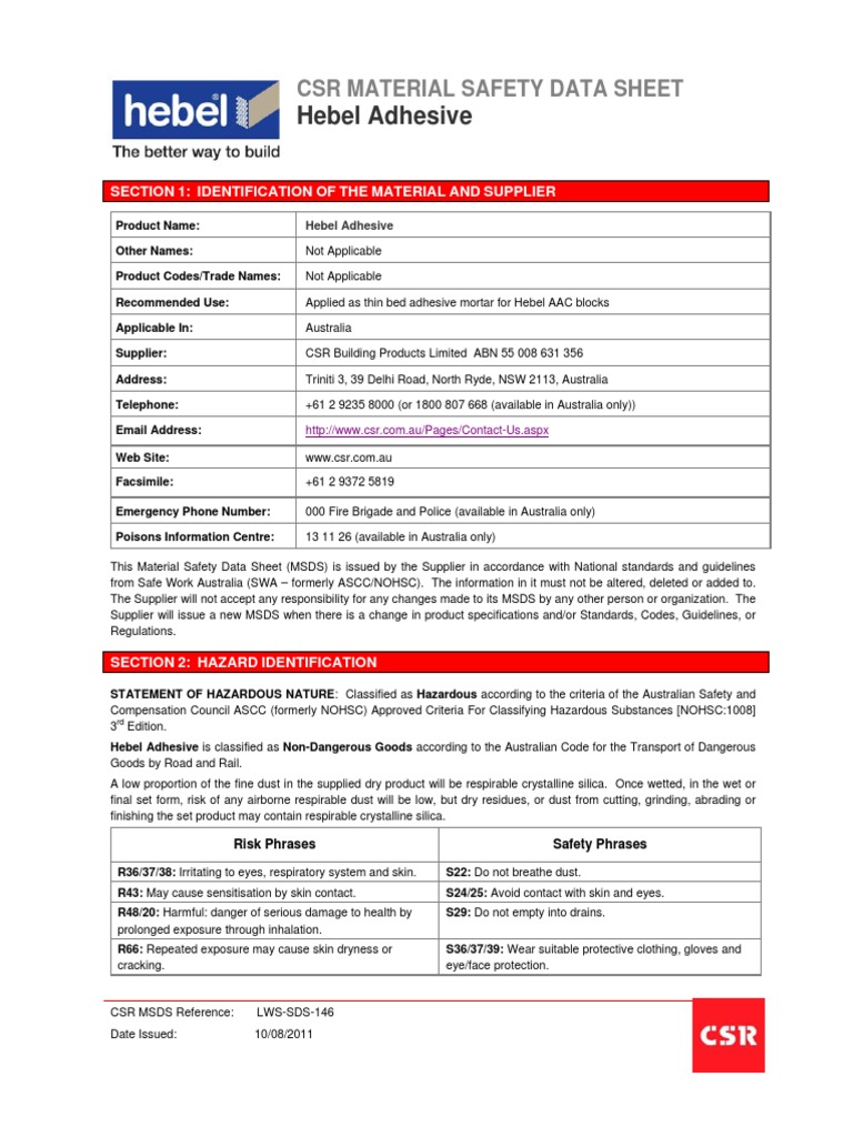 Hebel Adhesive | PDF | Dangerous Goods | Chemistry
