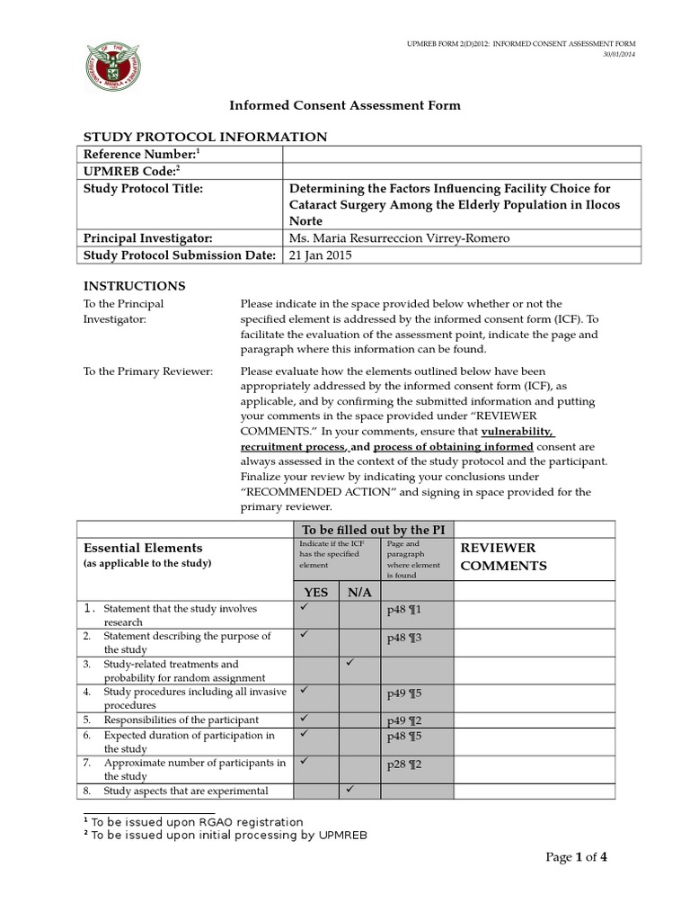 UPMREB FORM 2 (D) 2012 Informed Consent Assessment Form - 1 | Download Free PDF | Informed ...