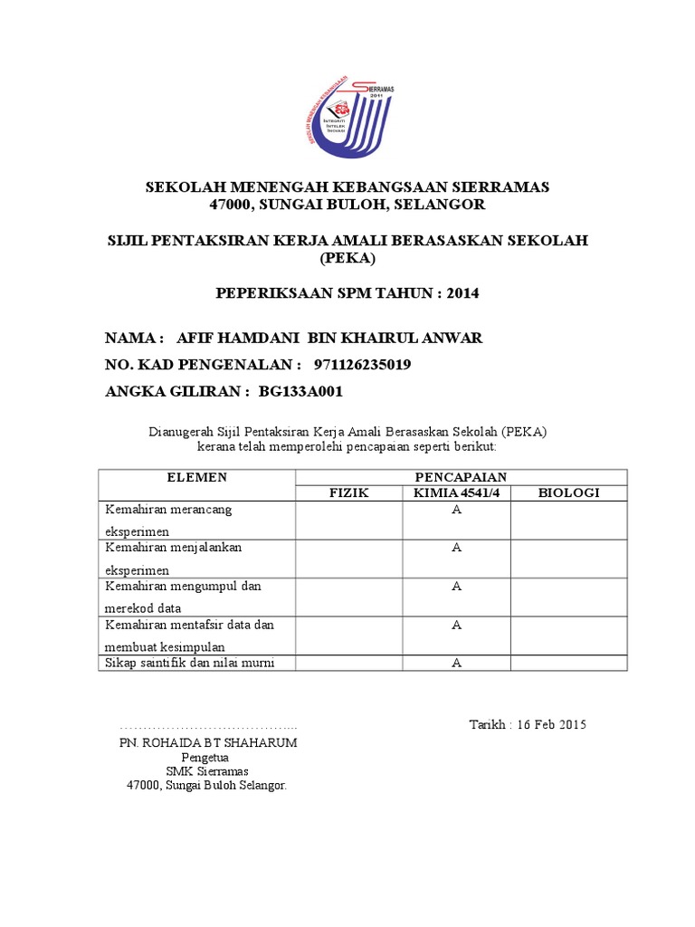 Contoh-Sijil-PEKA Kimia SPM | PDF
