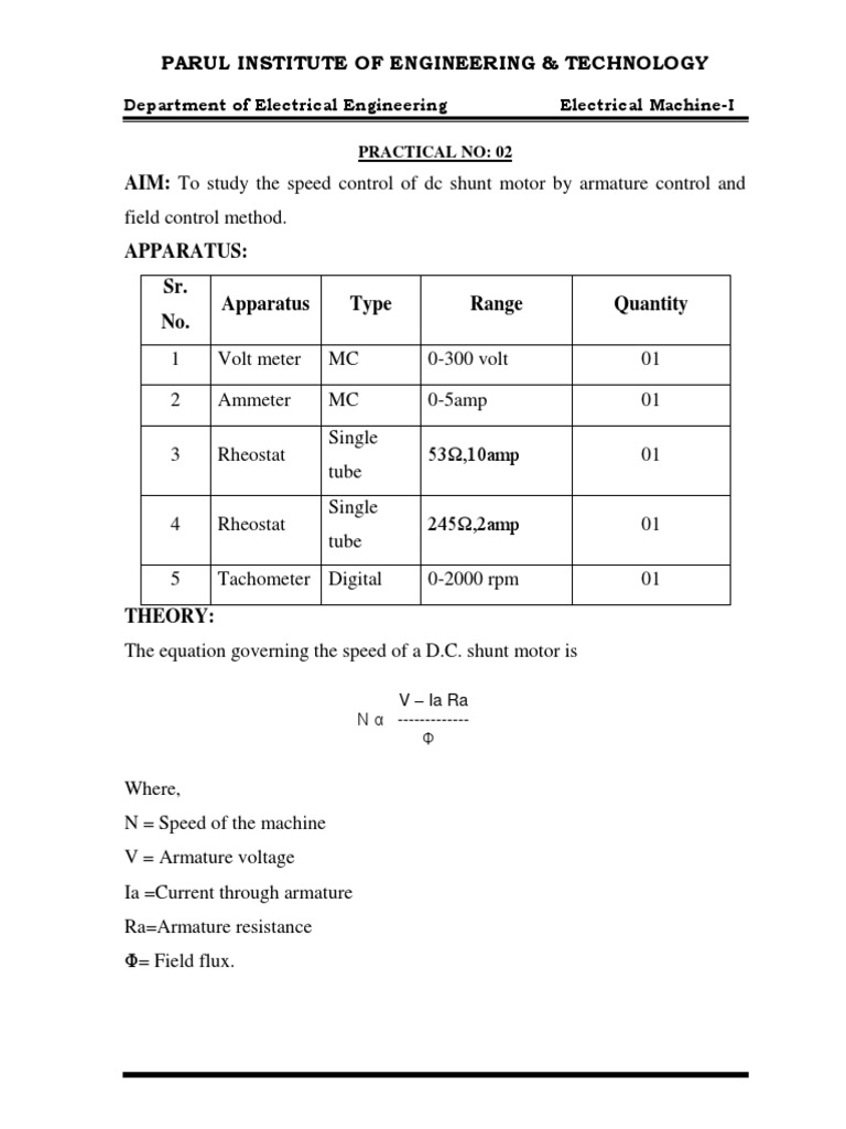 2 - To Study The Speed Control of DC Shunt Motor by Armature Control ...