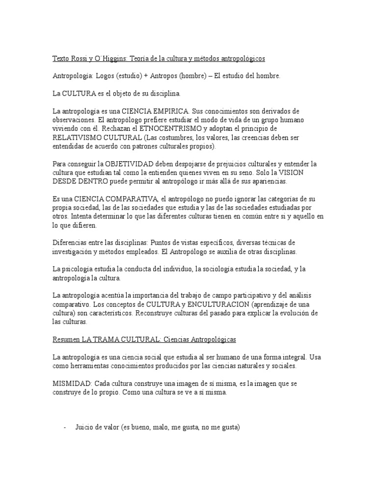 Teoria de La Cultura y Metodos Antropologicos Rossi y O Higgins | PDF ...