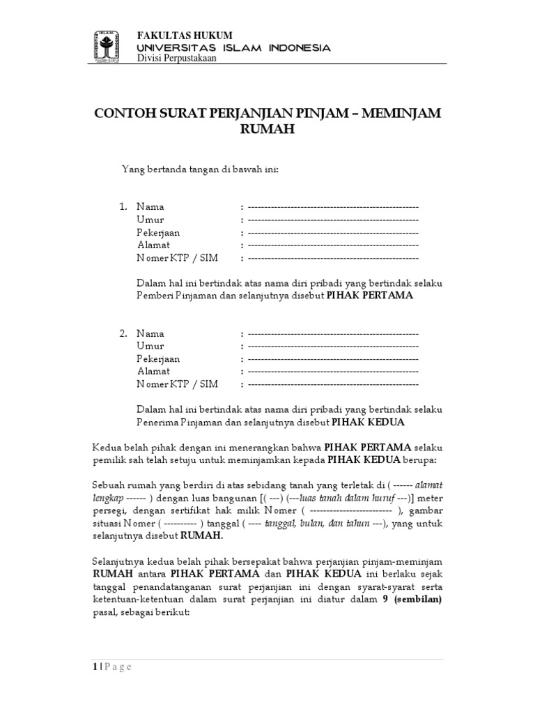 Contoh Surat Perjanjian Pinjam Meminjam Rumah FH UII | PDF | Hukum | Teknologi & Rekayasa
