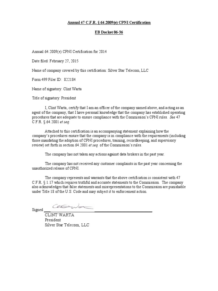 SST CPNI Compliance Certificate EB 06-36 2-27-15 FINAL PDF | PDF ...