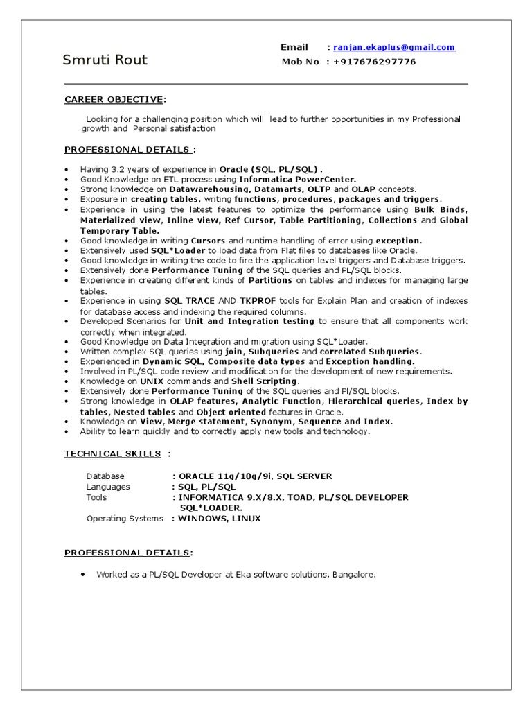 Smrutiranjan PLSQL Resume | PDF | Pl/Sql | Sql