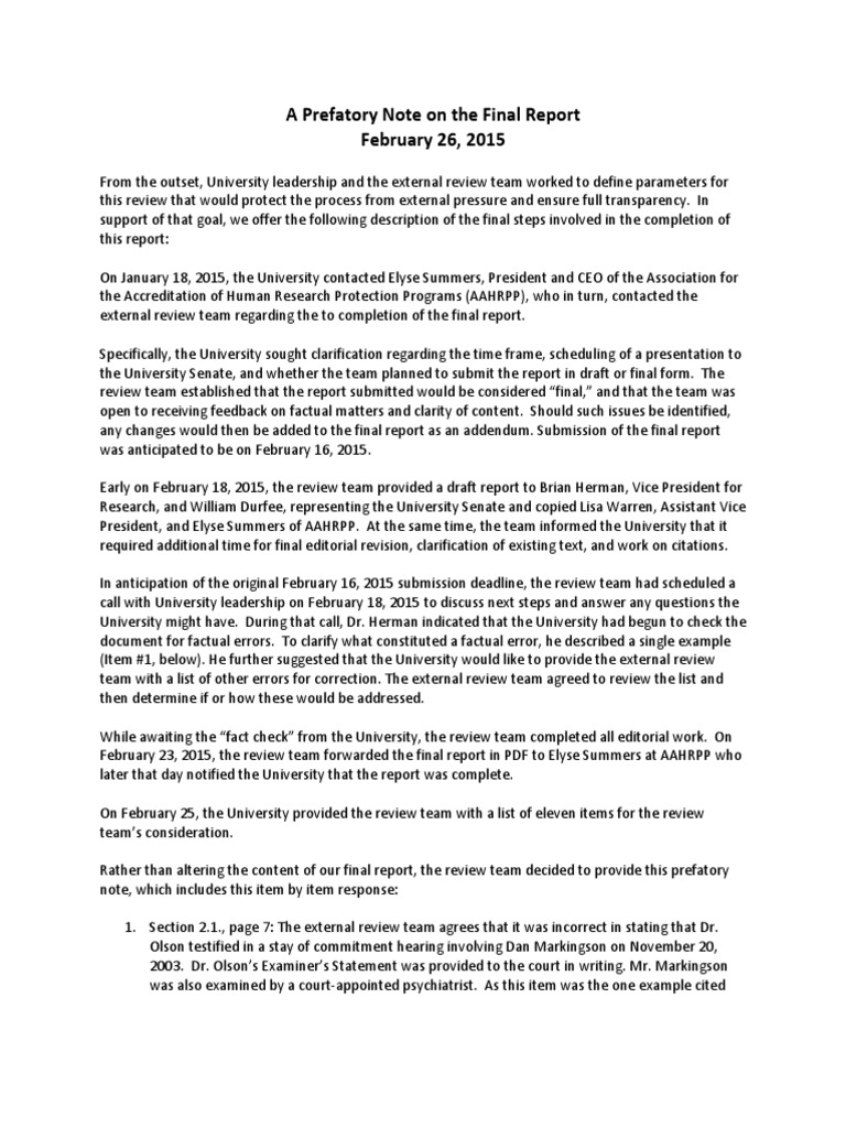 AAHRPP Final Report With Prefatory Note and Cover Letter | PDF ...