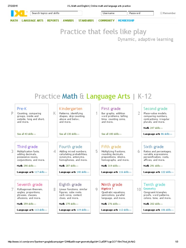 IXL Math and English - Online Math and Language Arts Practice | PDF ...