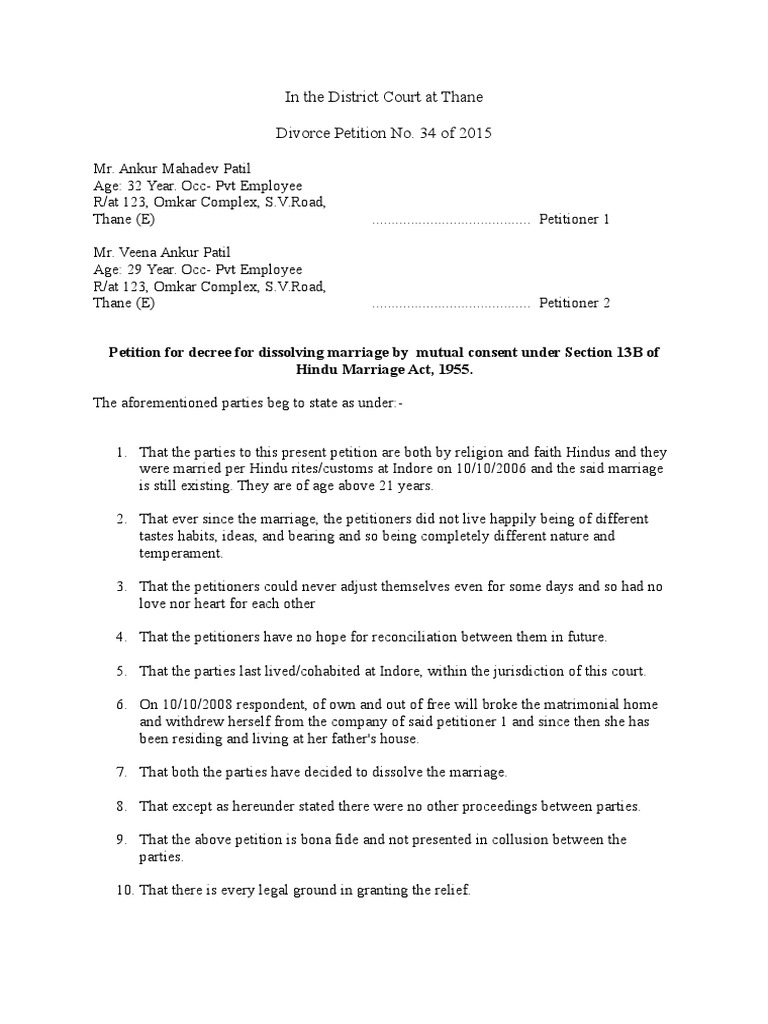 Draft No 15 Divorse Petition by Mutual Consent | PDF | Divorce | Family Law