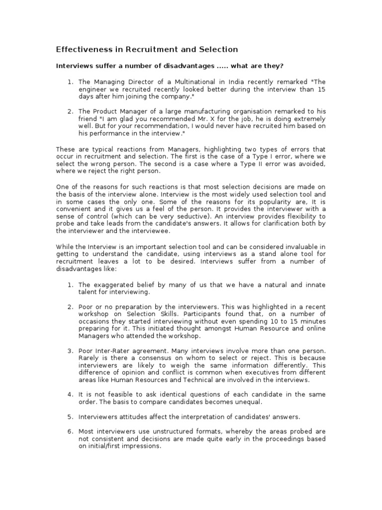 Effectiveness in Recruitment and Selection: Interviews Suffer A Number ...