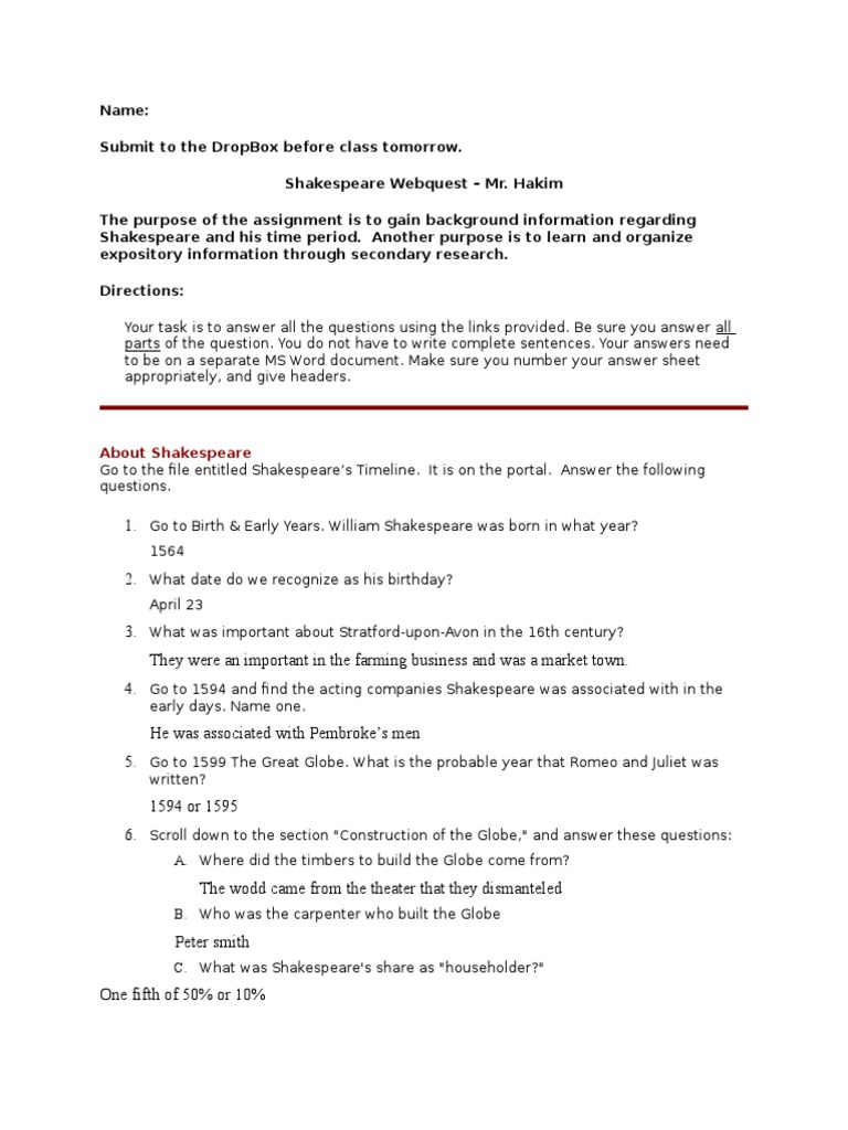 Shakespeare Webquest | PDF | Engagement | William Shakespeare