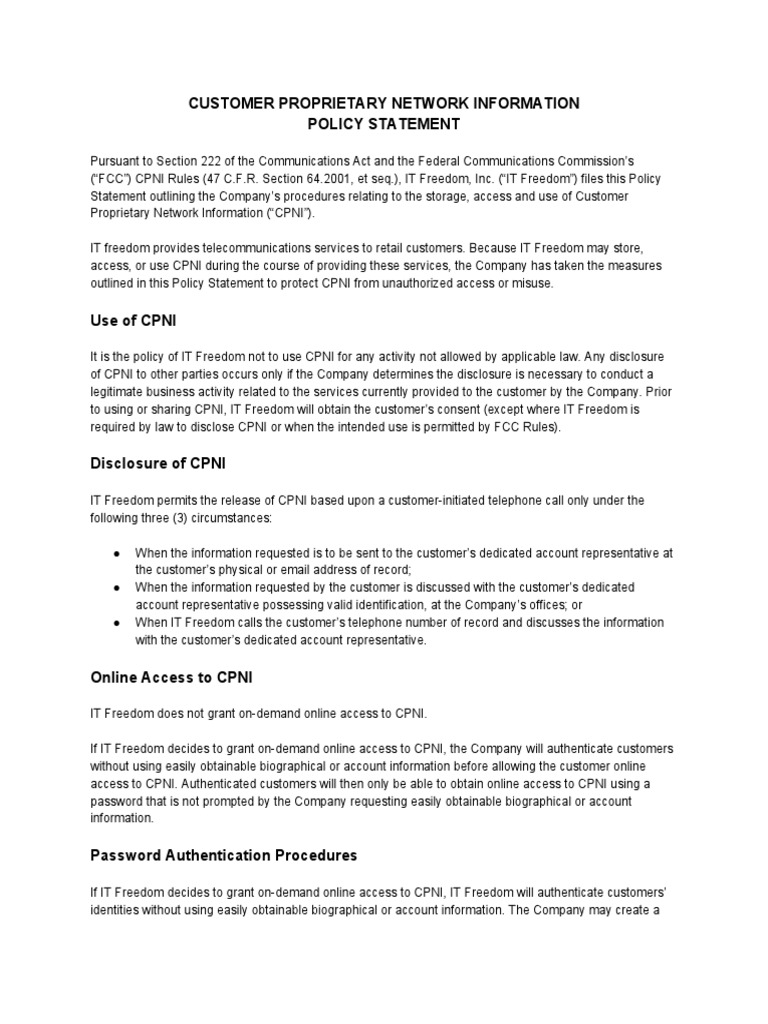 CPNIPolicyStatement PDF | PDF | Authentication | Federal Communications ...