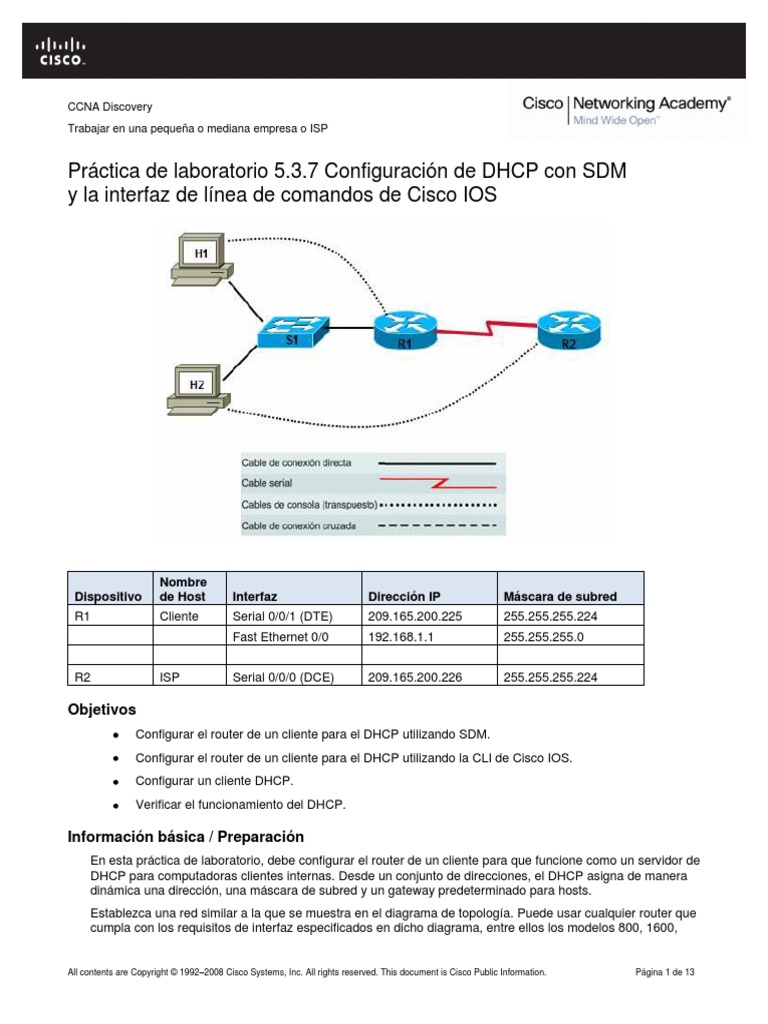 Actividad 16 Configuración de DHCP Con SDM y La Interfaz de Línea de Comandos de Cisco IOS | PDF ...