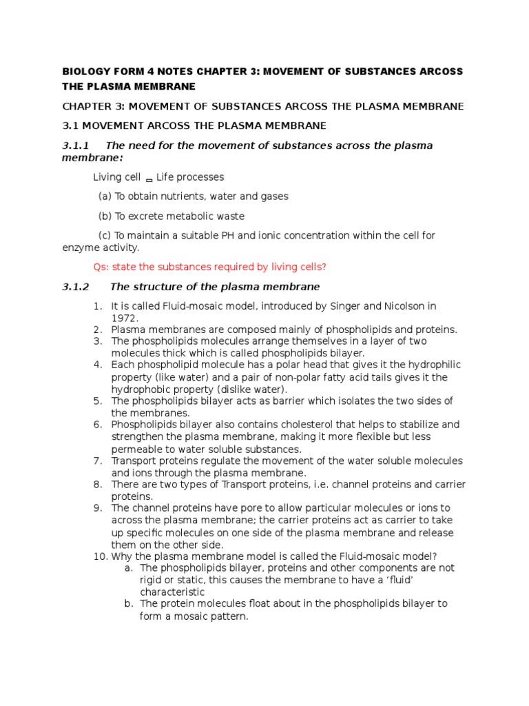 Biology Form 4: Chapter 3 Notes | PDF | Cell Membrane | Osmosis