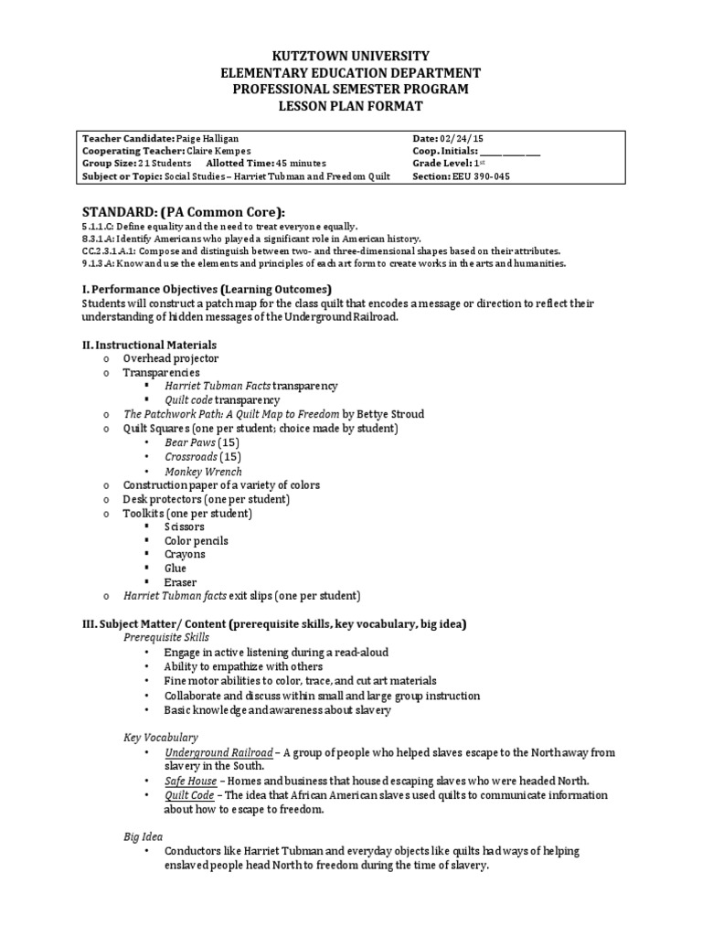 Harriet Tubman Lesson Plan | PDF | Patchwork | Educational Assessment
