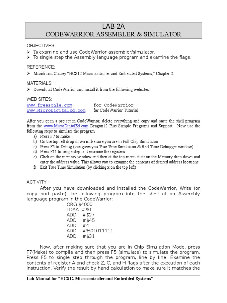 Lab 2A Codewarrior Assembler & Simulator | PDF | Microcontroller | Assembly Language