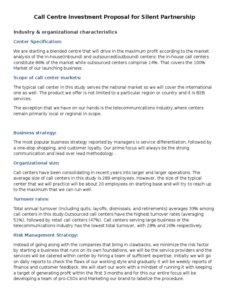 Call Centre Investment Proposal | PDF | Call Centre | Outsourcing