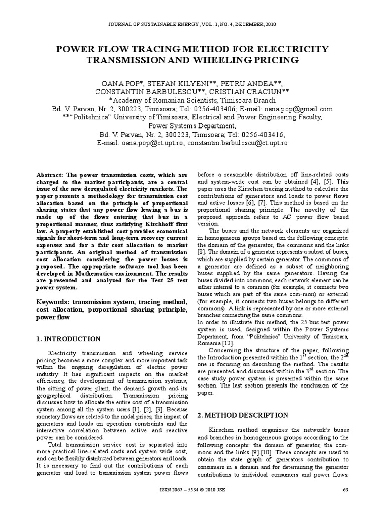 Power Flow Tracing Method For Electricity Transmission and Wheeling Pricing | PDF | Electric ...