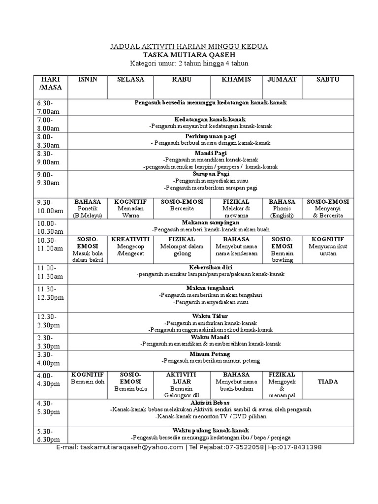 Contoh Jadual Aktiviti Harian Minggu Kedua | PDF