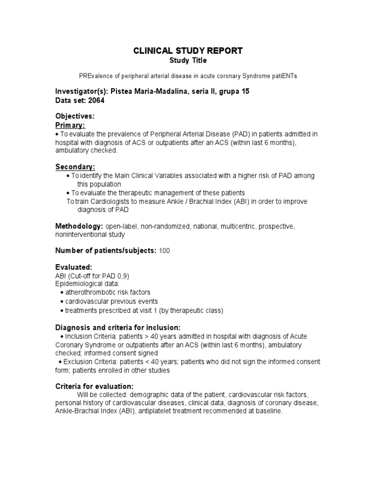 Clinical Study Report | PDF | Cardiovascular Diseases | Coronary Artery ...