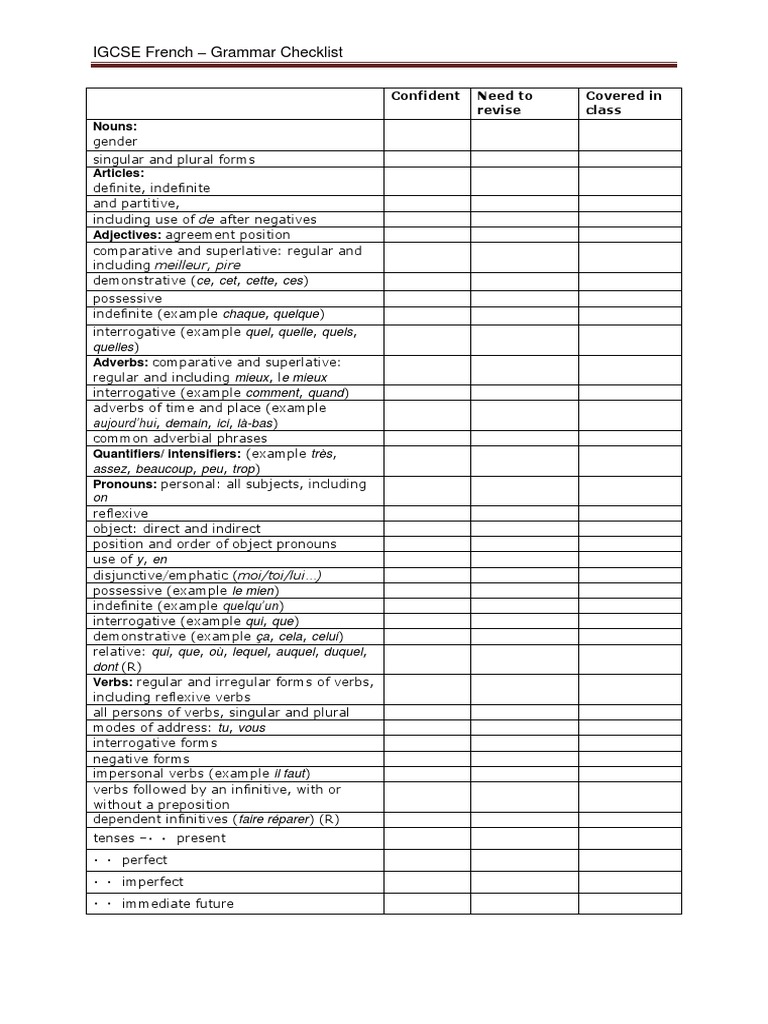 Igcse French Grammar Checklist