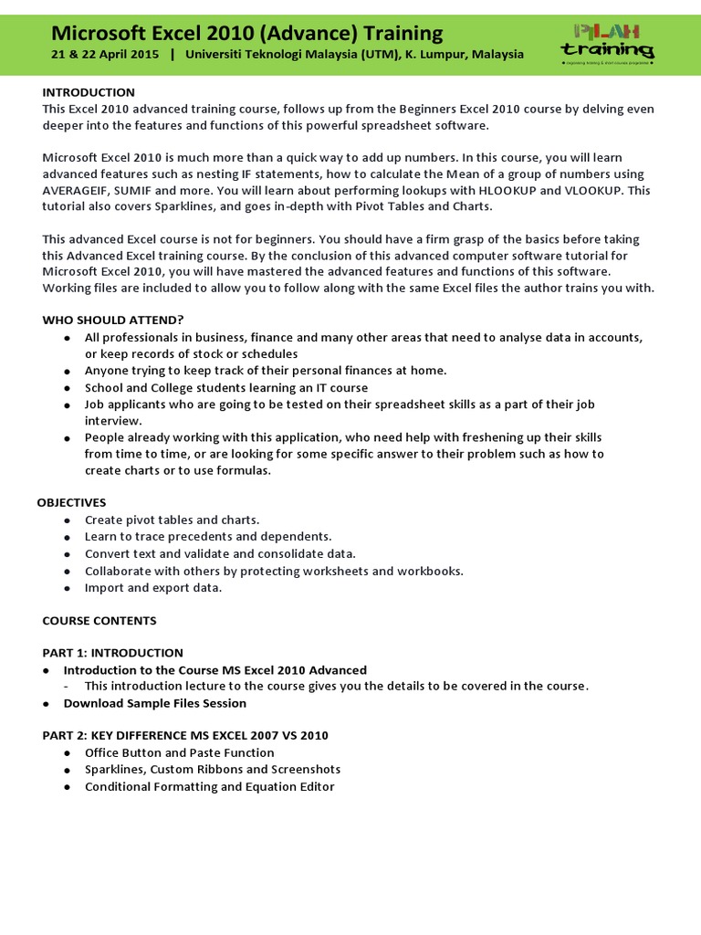 Microsoft Excel 2010 (Advance) Training | Download Free PDF | Microsoft ...