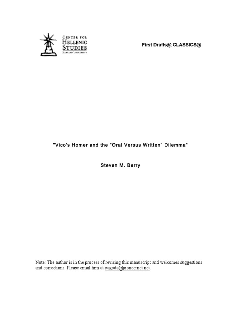 "Vico's Homer and The "Oral Versus Written" Dilemma" | PDF | Homer ...