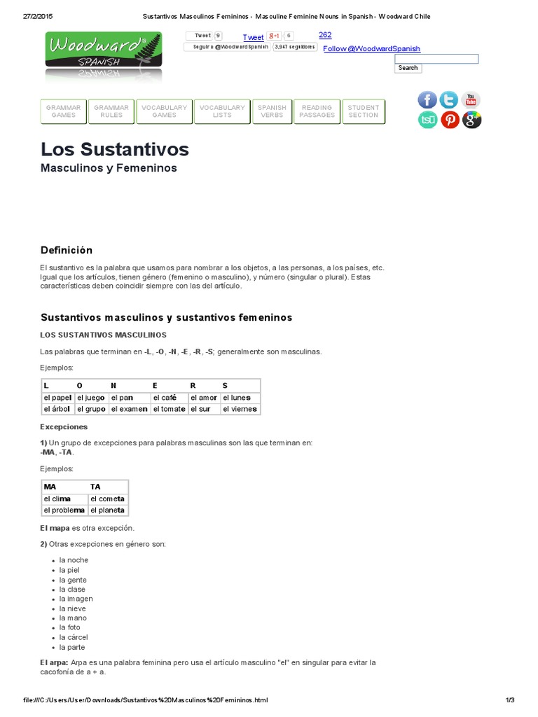 Sustantivos Masculinos Femininos - Masculine Feminine Nouns in Spanish ...