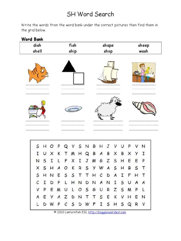 SH Word Search Activity for Kids | PDF