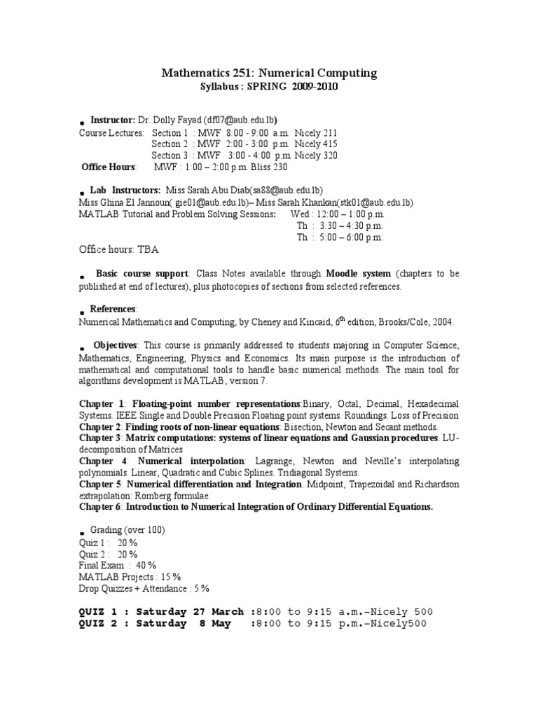 Mathematics 251: Numerical Computing: Syllabus: SPRING 2009-2010 | PDF ...