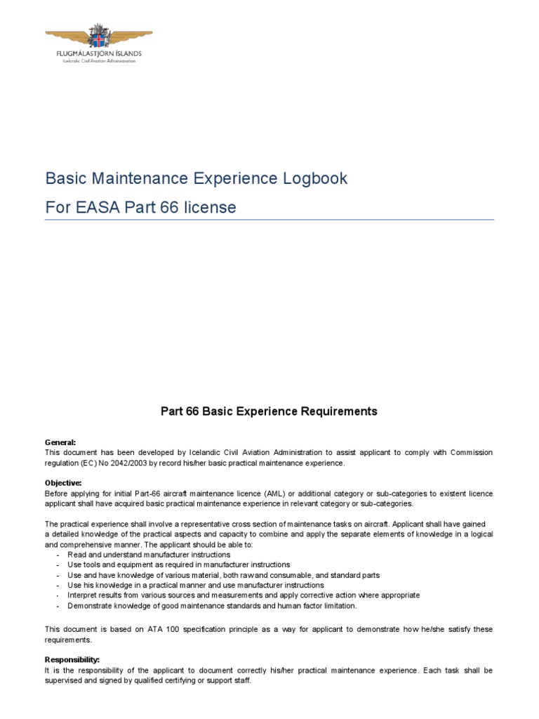 Basic Maintenance Experience Logbook For EASA Part 66 License | PDF ...