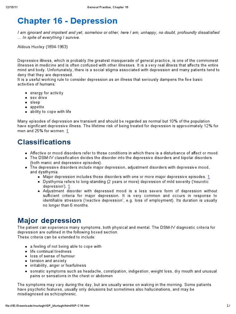 Chapter 16 - Depression: Classifications | PDF | Major Depressive Disorder | Antidepressant