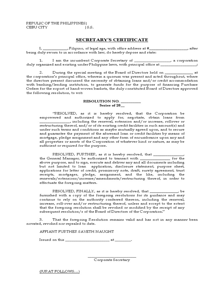 Secretary’S Certificate: RESOLUTION NO. __________ Series of 20__