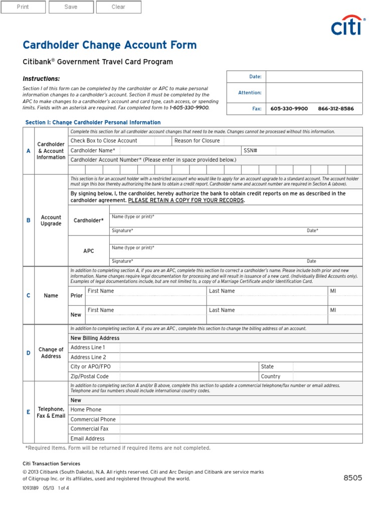 Cardholder Change Account Form: Citibank Government Travel Card Program ...