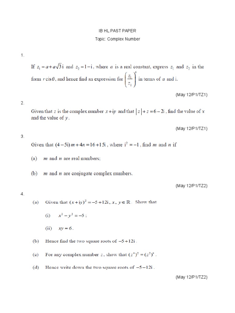 IB HL Math Complex Numbers PPQ | PDF | Educational Assessment And Evaluation | Qualifications